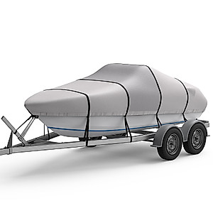 RVMasking Heavy Duty Middle 1400D Reinforced Boat Cover with Storage Bag Trailerable Marine Grade Waterproof Boat Cover Fits Bass Boat, V-Hull, Runabout, Length: 16'-18.5', Beam Width up to 94", Gray
