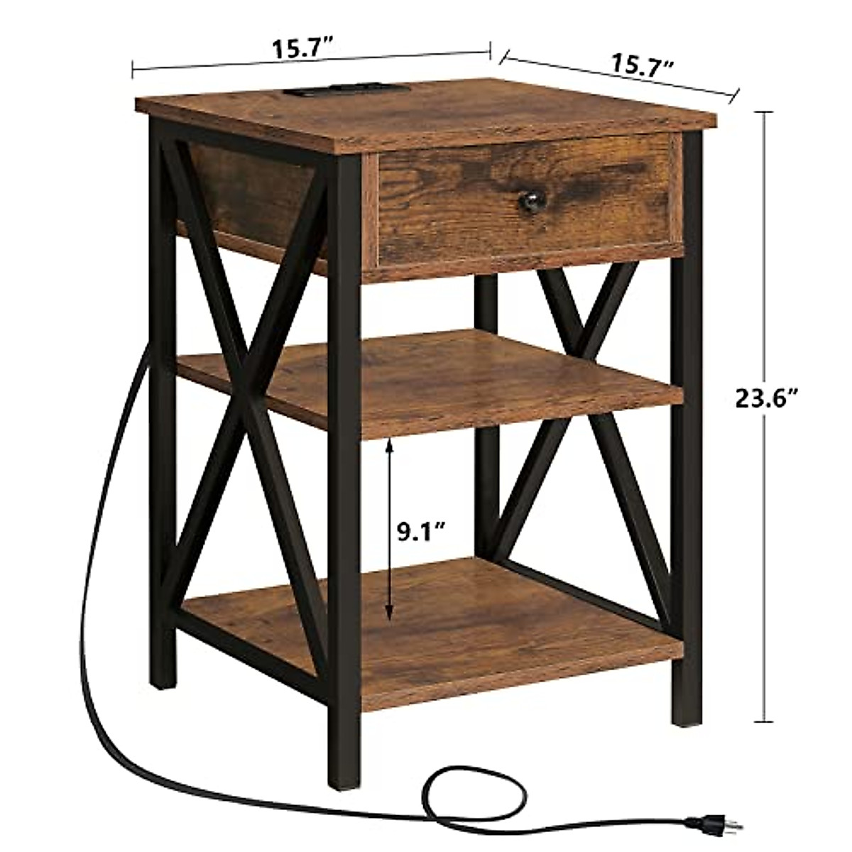 Iwell Nightstand Set of 2 with Charging Station and USB Ports & Outlets, End Table with Drawer & Storage Shelf, Side Table for Bedroom, Rustic Brown