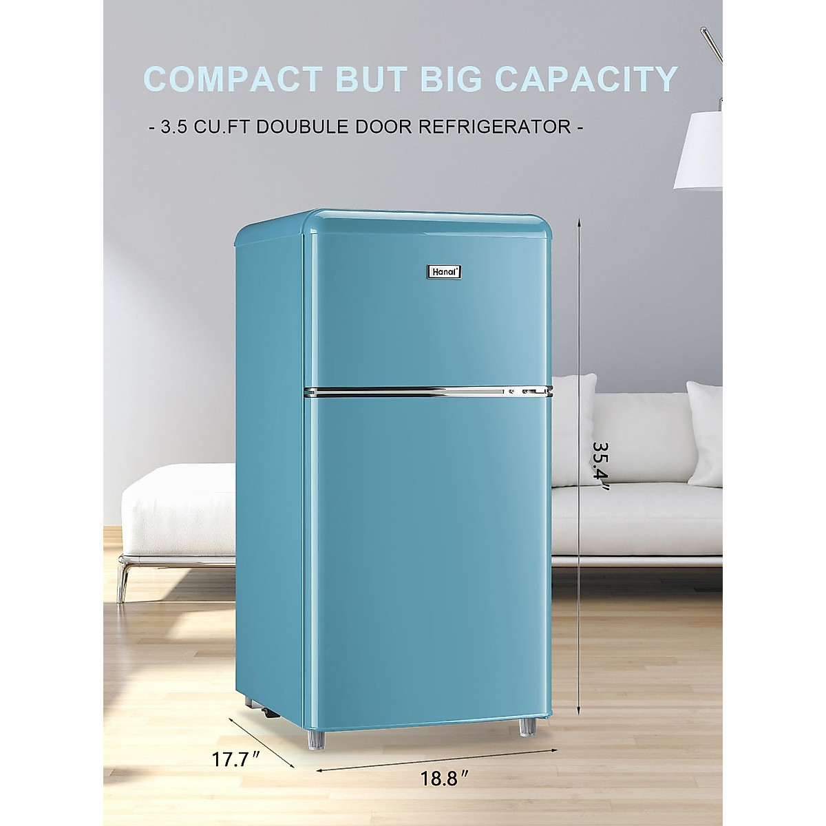 WANAI Compact Refrigerator 3.5 Cu.Ft Retro Mini Fridge with Freezer Dual Door Small Refrigerator with Adjustable Temperature，LED Lights, Removable Shelves, Mini Refrigerator for Dorm, Office, Bedroom