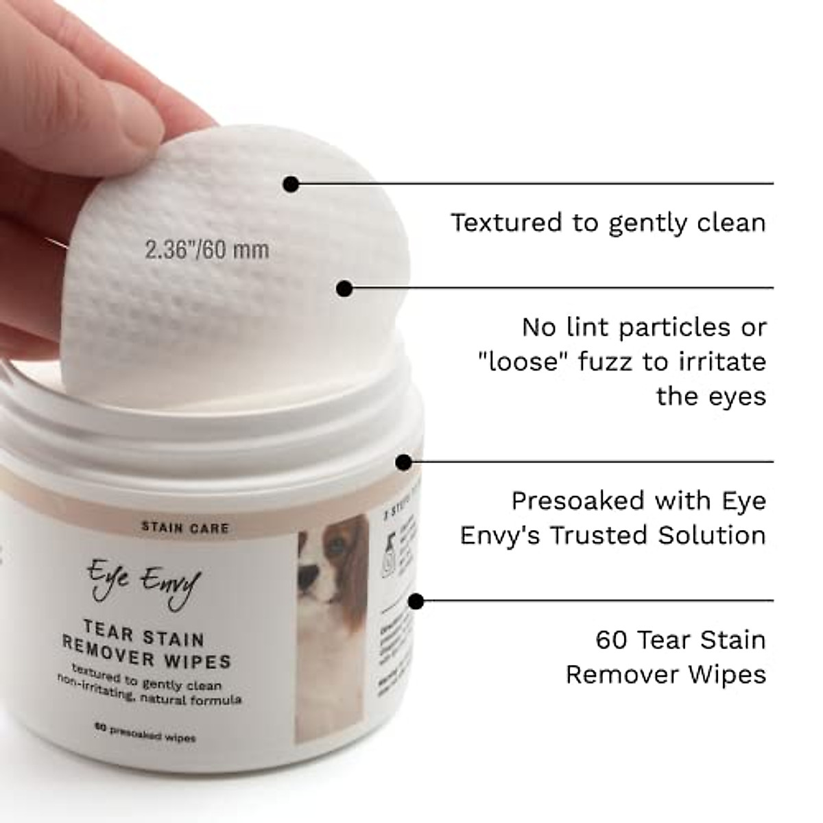 Eye Envy Tear Stain Wipes for Dogs | Textured to Gently Clean | Presoaked in 100% Natural Formula | Recommended by AKC Breeders, Vets, Groomers | Treats The Cause of Staining | 60 Count