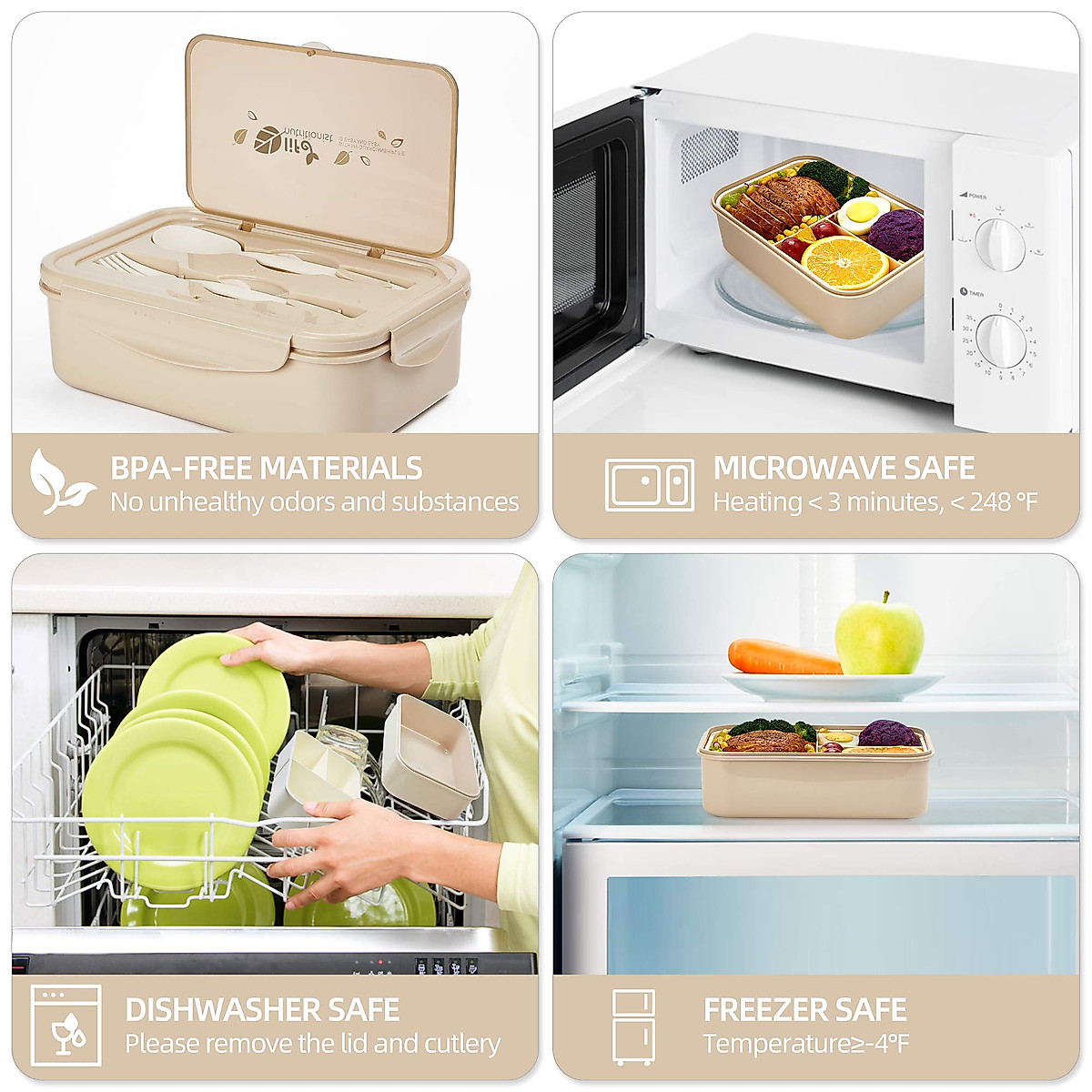 Porzu Bento Lunch Box, 1400 ML Lunch Box Meal Prep For Adults，3 Compartments Portable Food Container with Utensil (Beige)