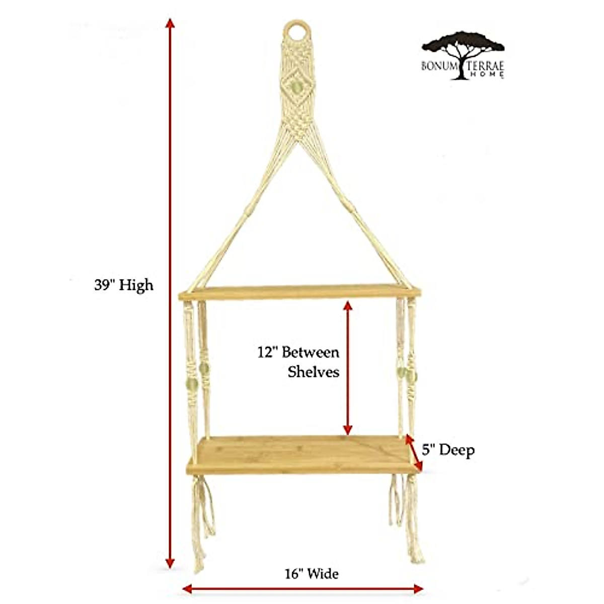 Macrame Bamboo Shelf with Sea Glass for Wall Hanging -2 Tier w/Beads - Unique Woven Boho Home Organizer Decor, Floating Storage for Small Plants, Handmade Cotton Rope-Bedroom, Living Room, Bathroom