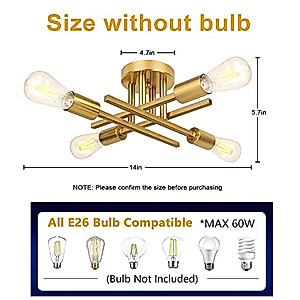 Tickjoy Modern 4 Light Semi Flush Mount Ceiling Light Fixture, Industrial Sputnik Chandelier Ceiling Lamp, Gold Farmhouse Lighting for Bedroom Kitchen Dining Room Living Room Hallway
