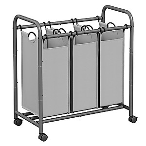 SONGMICS 3-Section Laundry Sorter, Laundry Basket with Wheels, Laundry Hamper with 3 Bags, Laundry Room Organizer, Removable Laundry Bag with Handles, Lockable Wheels, Gray ULSF003GS