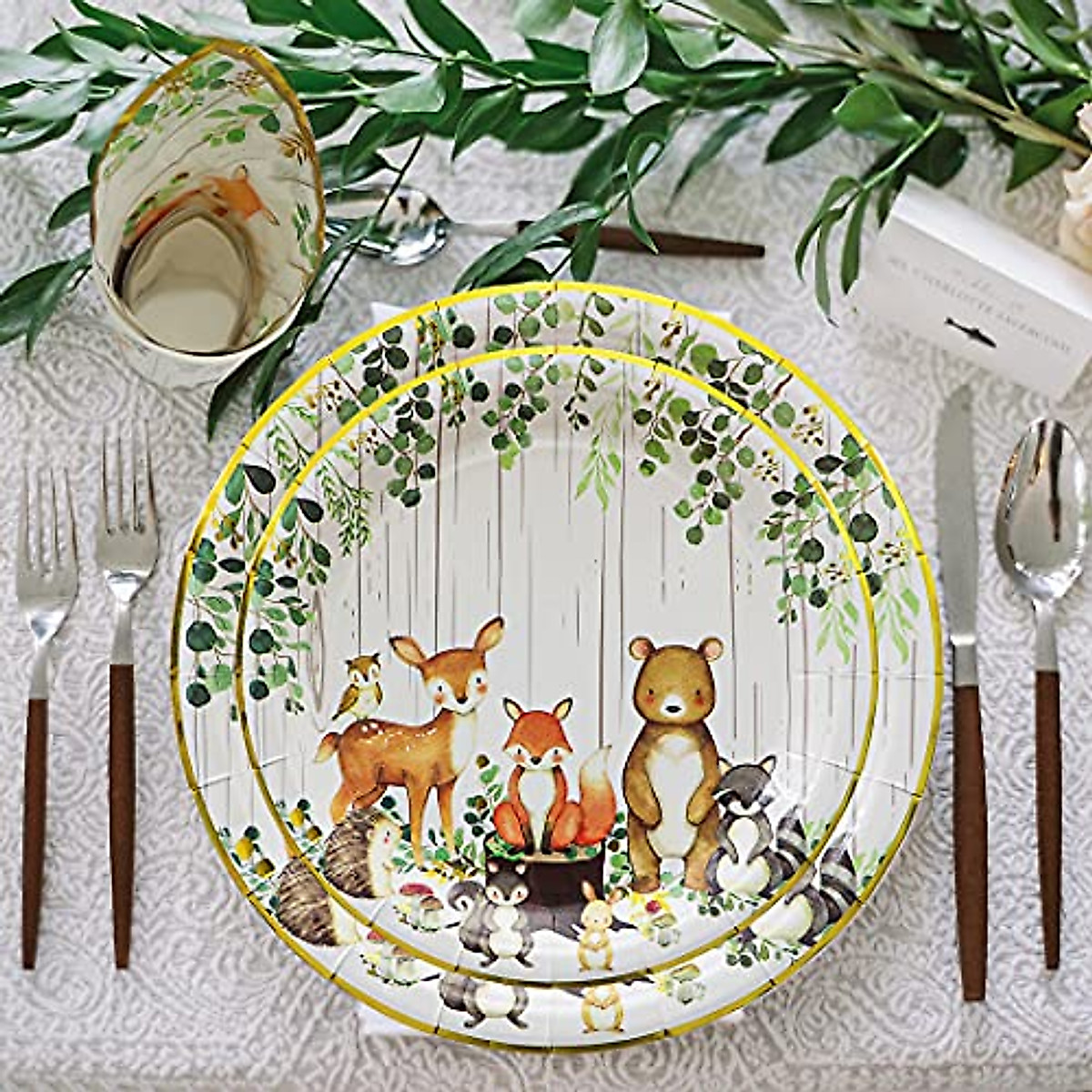 121Pc Woodland Creatures Theme Baby Shower Decorations, Birthday Party Supplies For Boy & Girl -Tablecloth, Paper Plates Napkins Straws & Cups of Forest Animal Friends Fox Deer Tableware Set Serves 24