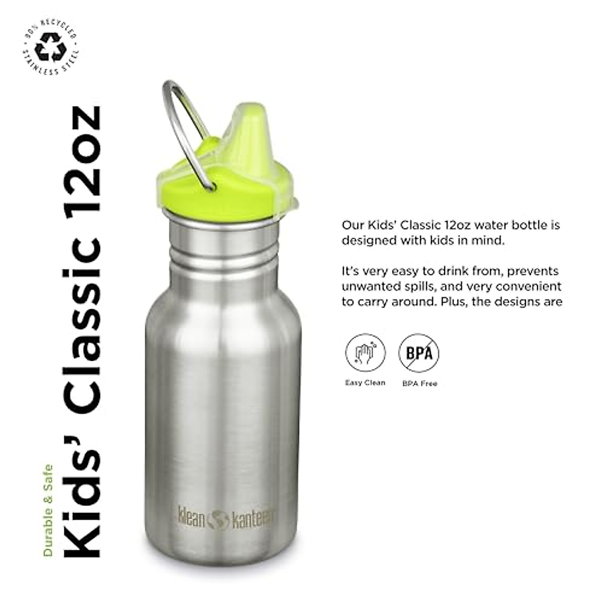 Klean Kanteen Kid Classic Narrow 12oz (w/Sippy Cap) Brushed Stainless