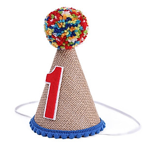 WAHAWU 1st Birthday Party Cone Hat - First Birthday Party Hat, Birthday Hats for Kids, Baby Girls/boys Birthday Cone Hat, Colored Fur Balls Hat, Party Photo Prop
