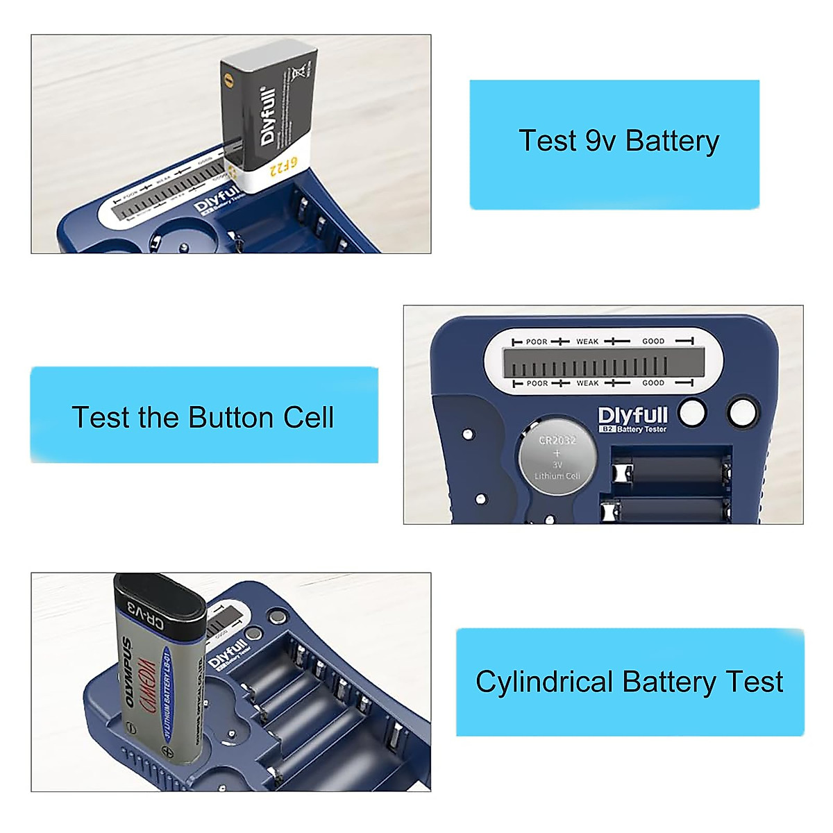 Battery Tester, Dlyfull LCD Display Universal Battery Checker for AA AAA C D 9V CR2032 CR123A CR2 CRV3 2CR5 CRP2 1.5V/3V Button Cell Batteries, 1x AAA Batteries Included