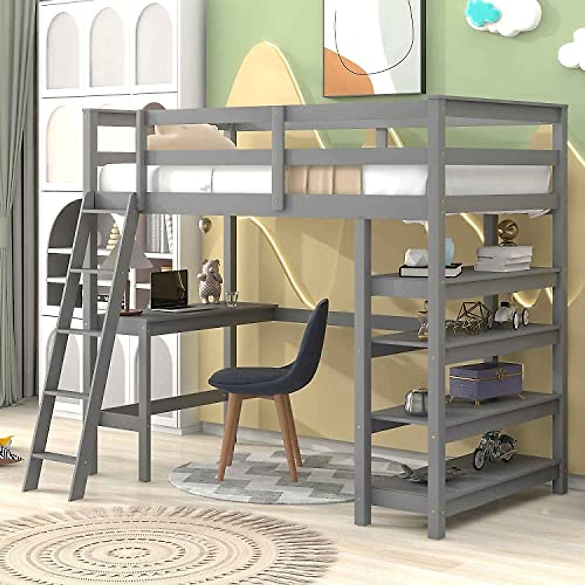 DNYN Twin Size High Loft Bed for Kids,Solid Wood Bedframe with One Desk & Four Shelves & Angle Ladder & Safety Guardrail for Boys and Girls,No Box Spring Needed,79.7"x63.4"x68.3", Gray