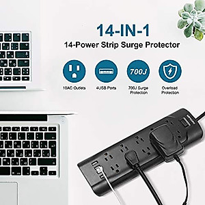WANDOFO 2 Prong Power Strip, 6 FT Extension Cord 700J Surge Protector, 10 AC Outlets and 4 USB, 13A/1625W, Polarized Two to Three Prong Outlet Plug Adapter, Wall Mount, for Non-Grounded Socket, Black