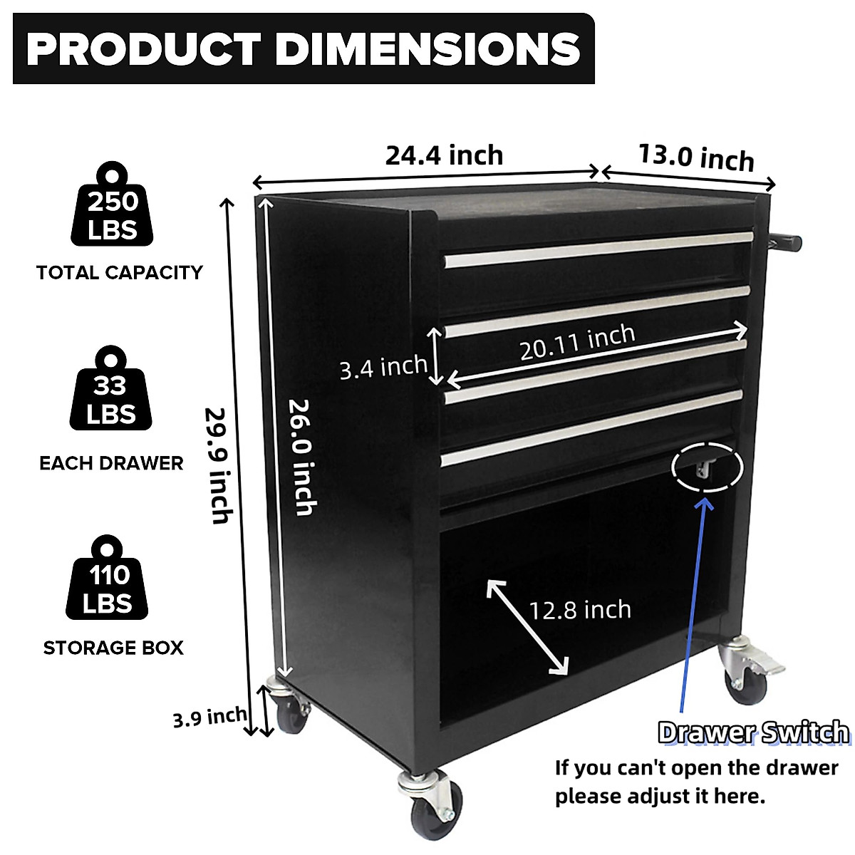 nifoti 4 Drawers Tool Cart on Wheels,Rolling Tool Box Tool Storage， Drawers Rolling Tool Box Organizer Tool Case for Garage, Warehouse, Workshop, Repair Shop (4 Drawers(Black))