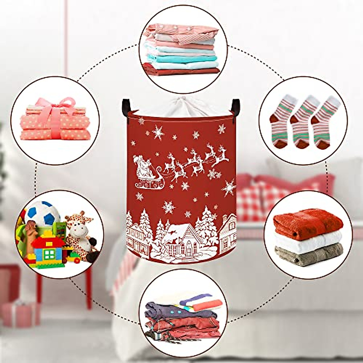 Clastyle 45L Red Snow House Laundry Basket Santa Claus Laundry Hamper Christmas Ornament Storage Basket with Drawstring Reindeer Snowflake Nursery Hamper for Gifts, 14.2x17.7 in