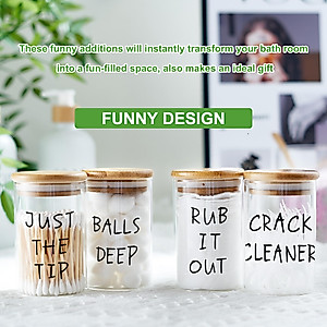 FyndraX Bathroom Organizer Holder Jars Set of 4, Funny Decor Qtip Glass Canister Containers for Guest Room, Restroom and Washroom Storage of Cotton Ball, Cotton Swab, Cotton Round Pads, Floss
