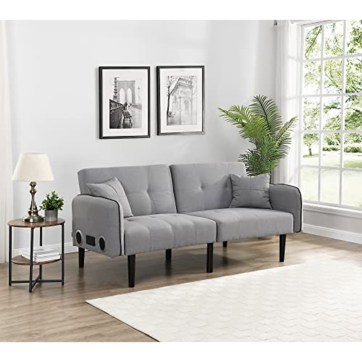 Lepfun Linen Fabric Ottoman Sofa Bed with Stereo, Adjustable Couch Bed, Modern Folding Recliner Sleeper Reversible Loveseat Convertible Daybed Sofa for Listening to Music, Reading & Relaxing, Gray