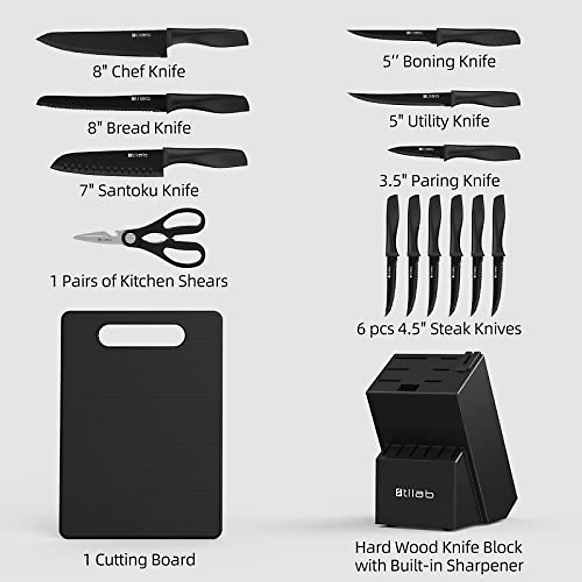 Stllab Knife Set with Cutting Board, 15 Pcs Kitchen Knife Set with Built-in Sharpener Block, Knife Set with 6 Steak Knives, Black