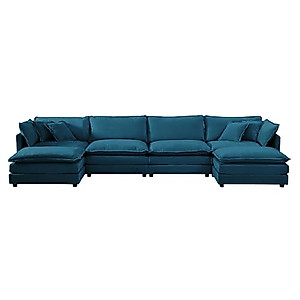 KIVENJAJA Oversized U-Shaped Modular Sectional Sofa, Modern Chenille 4-Seater Deep Seat Cloud Couch with 2 Ottomans/Chaises & 6 Pillows for Living Room Office, 146.5”W, Blue