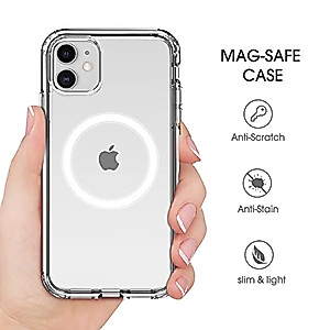 amCase Cellular Phone Case, Compatible with iPhone 11 (6.1") and MagSafe Accessories, Support Wireless Charging, Polycarbonate, Thermoplastic Polyurethane, Shock-Absorbent, Magnetic, Clear