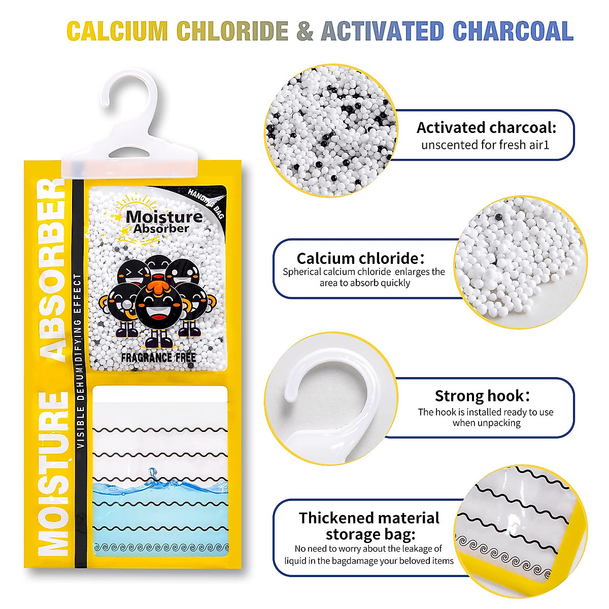 ZSZMFH 15 Pack Moisture Absorber & Max Odor Eliminator Hanging Bag, Charcoal Smell Remove Damp Musty Smell,Hanging Closet Dehumidifier Bags with 25g of Activated Charcoal (220g/pack) Yellow