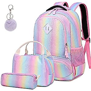 Girls Backpack Rainbow Glitter Kids School Bookbag 3 in 1 Set School Bag with Lunch Bag Pencil Case