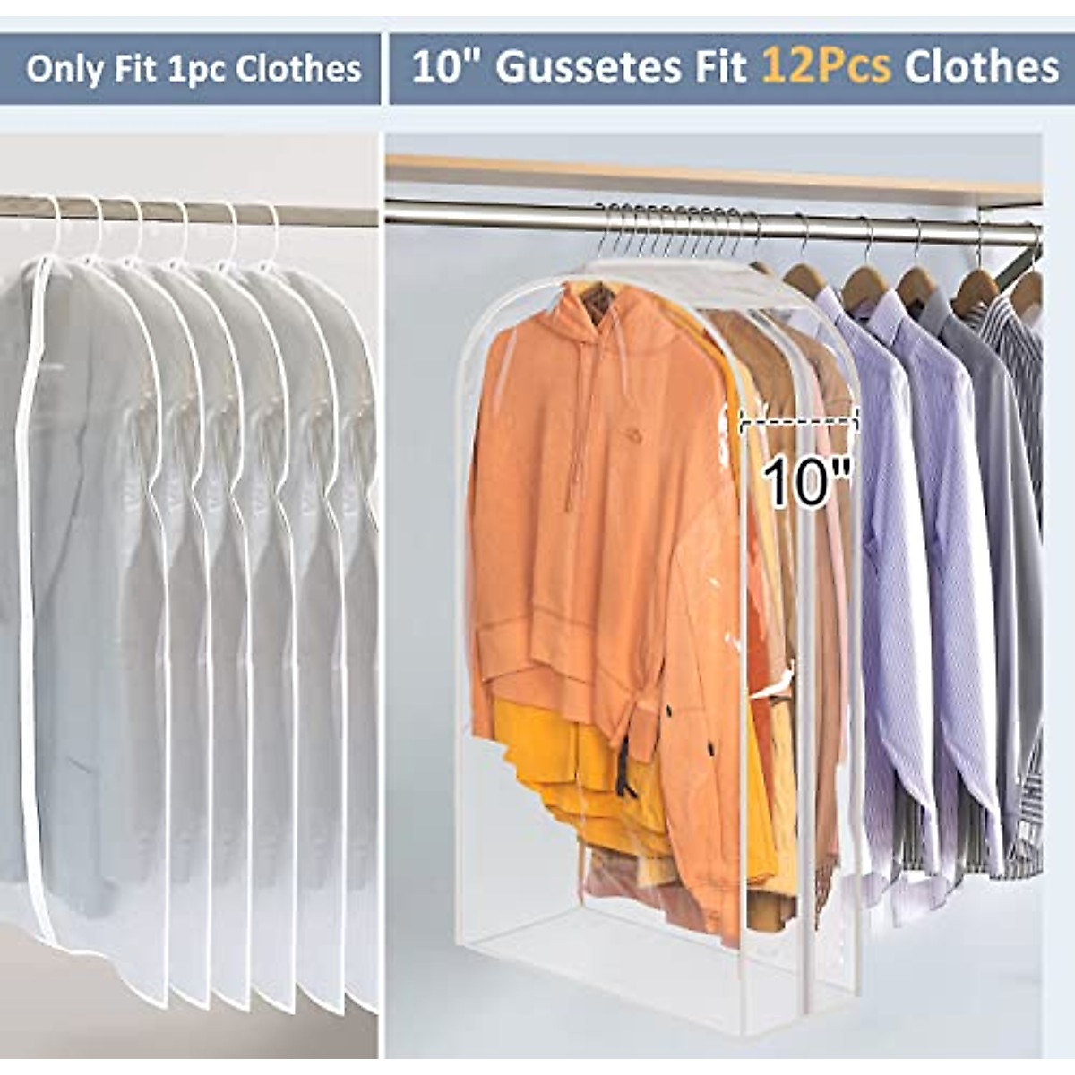 SLEEPING LAMB 10" Gusseted Clear Garment Bags for Hanging Clothes Suit Bags for Closet Storage Clothing Cover for Coats, Jackets (3 Packs)