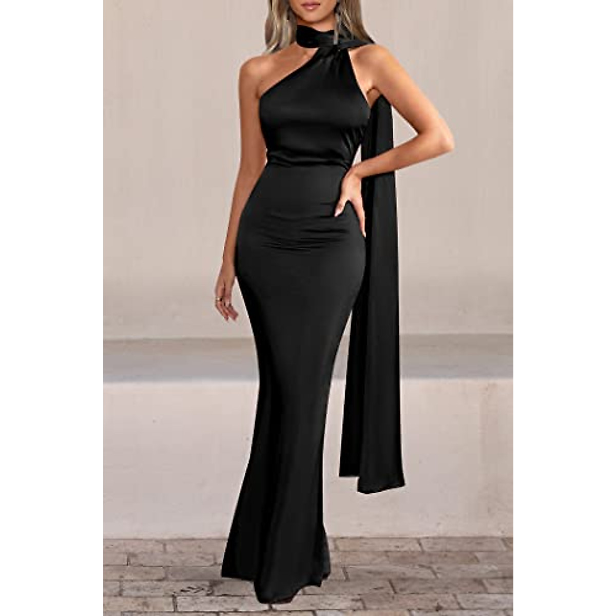 PRETTYGARDEN Women's Maxi Satin Dress Sleeveless Halter Neck Backless Long Formal Evening Cocktail Dresses (Black,Small)
