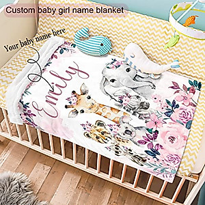 Personalized Baby Blanket for Girls with Name Custom Baby Blanket Throw Customized Name Receiving Swaddle Blanket for Infant Newborn Toddler Kid Name Blanket Soft Fleece Blanket(Woodland Animal)