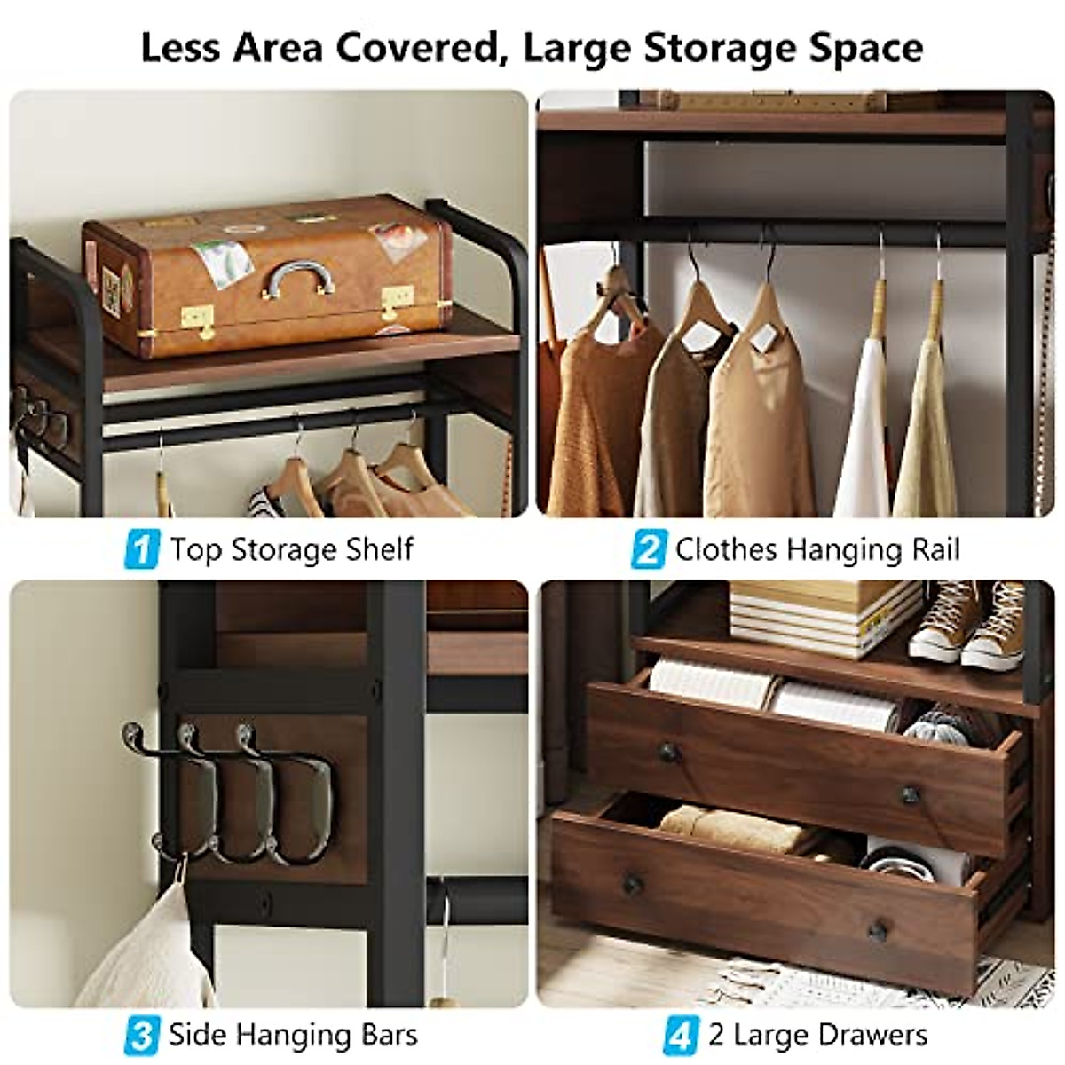 Tribesigns Freestanding Closet Organizer Small Clothes Rack with Drawers and Shelves, Heavy Duty Coat Rack Small Garment Rack Industrial Hall Tree for Entryway, Bedroom