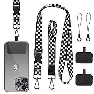 MAXCURY Phone Lanyard, Neck Strap & 2 Pack Pads & Ring Strap for Phone Case, Hand Wrist Strap Metal Key Chain Holder, Checkered Nylon Lanyard Compatible for Name Tags Badge ID Card