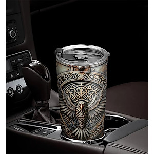 20oz Viking Celtic Warrior Eagle Tumbler, Norse Mythology, Viking Gifts for Men, Coffee Thermos for Men, Stainless Steel Double Wall Vacuum Insulated Coffee Mug, Travel Cup with Lid