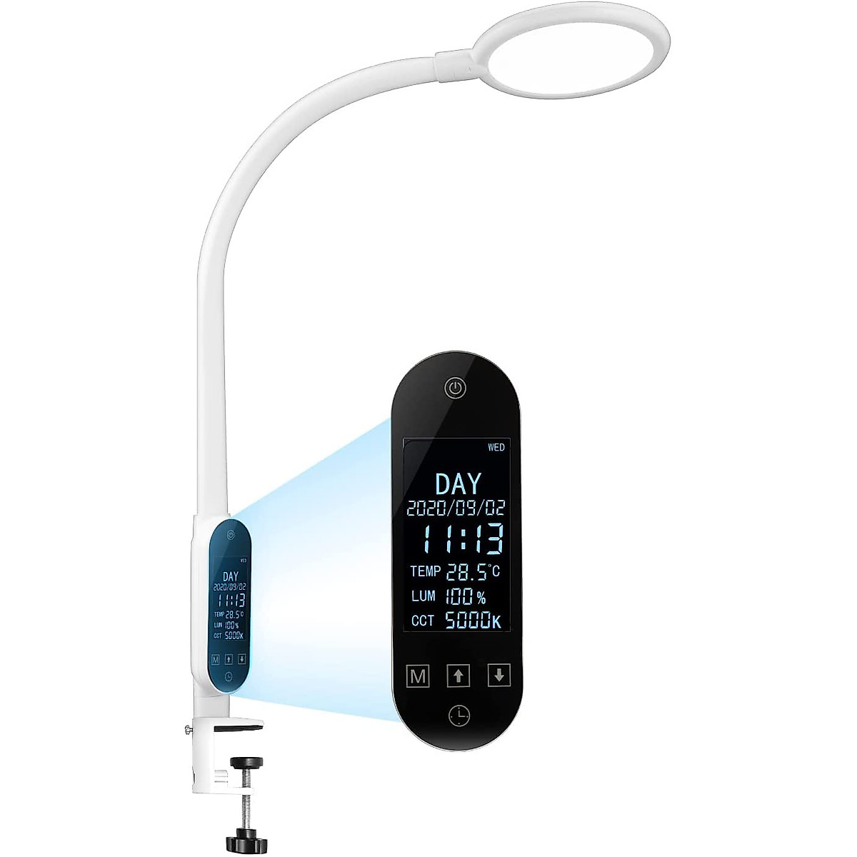 CELYST 15W LED Desk Lamp with Clamp, Date, Calendar, Touch Panel, 28.3 Long Arm Flexible Desk Light for Video Conferencing, Architect/Task/Drafting Light, 3 Color Modes, 15 Brightness Dimmable, White