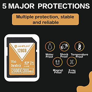 Amplim 128GB V60 UHS-II SD SDXC Card, 300MB/S 2000X Lightning Speed Performance, Extreme Read, U3 Secure Digital Memory Storage for Professional Photographer and Videographer