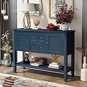 Anwick Buffet Sideboard, Wood Storage Cabinet, Console Table with Storage Shelf, 4 Drawers and 2 Cabinets, Wood Buffet Server for Living Room Kitchen Dining Room (Navy)