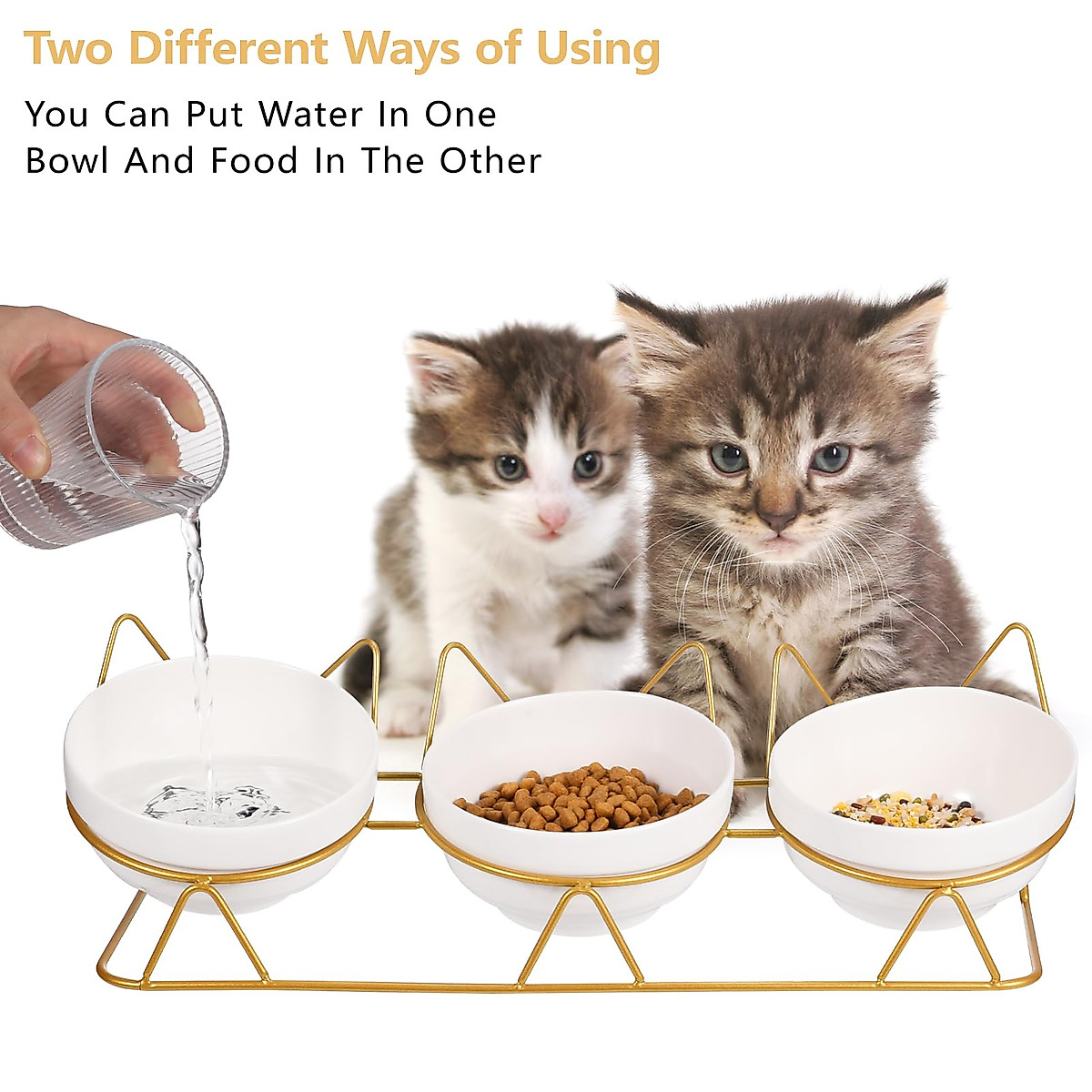 Wedding Pails Elevated Cat Bowls with 3 Ceramic Bowls,5 inches Food & Water Bowls 15° Tilted Raised Feeding Dishes with Metal Stand for Multiple Cats Dog Pet, Gold