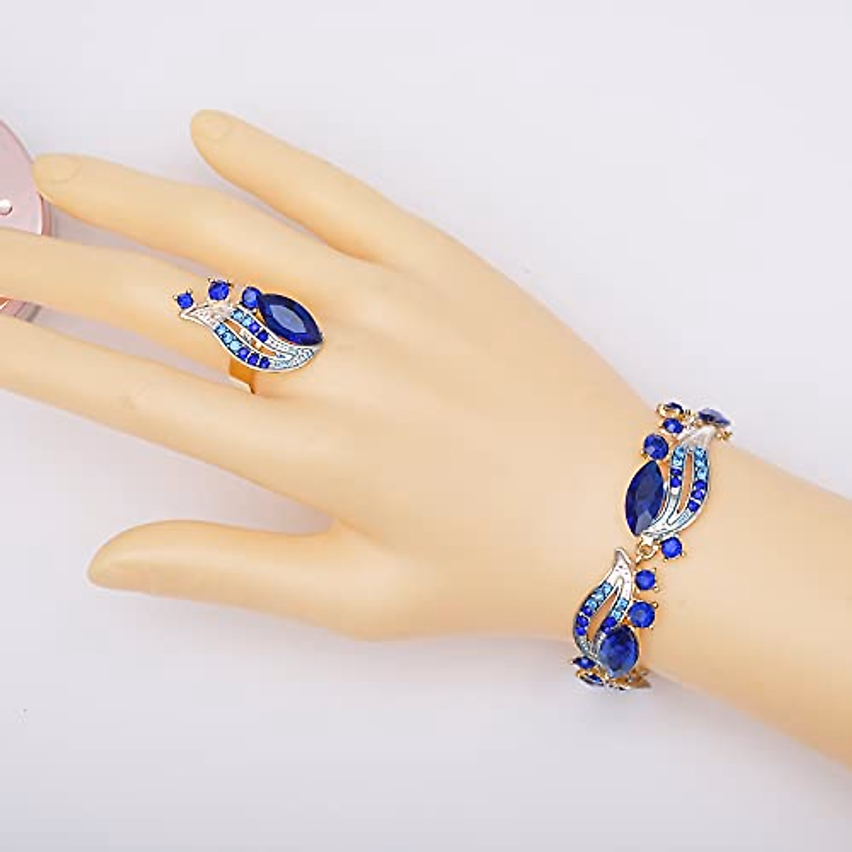 chaoyite Leaf Shape Bridal Costume Jewelry for Bride Wedding Necklace Earrings Bracelet Ring Sets Prom Dress Accessories(Royal Blue-gold tone)