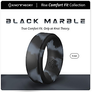 Knot Theory Black Marble Silicone Ring Men - Size 8 Step Edge 9mm Wide Rubber Wedding Band - Gym Workout Weight-Lift Ring