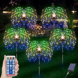 5 Pack Solar Firework Lights, 600 LED Outdoor Garden Decorative Waterproof Lights with Remote, 8 Lighting Mode Solar Powered Fireworks Lamp for Yard Deck Lawn Patio Pathway Walkway(Colorful)