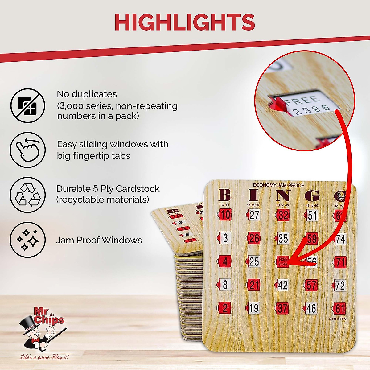 MR CHIPS Jam-Proof Bingo Cards with Sliding Windows, 25 Reusable Bingo Shutter Cards, 75 Bingo Calling Cards, 1 Bingo Master Board in Tan Woodgrain Style