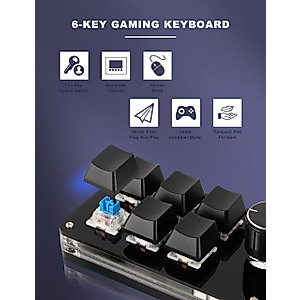 Dioche USB Mini 6Key Keypad Mechanical Programmable Gaming Keyboard Portable One Handed Mechanical Keyboard Shortcut Programmable Keyboard with Knob for PC Gamer(Full Black)