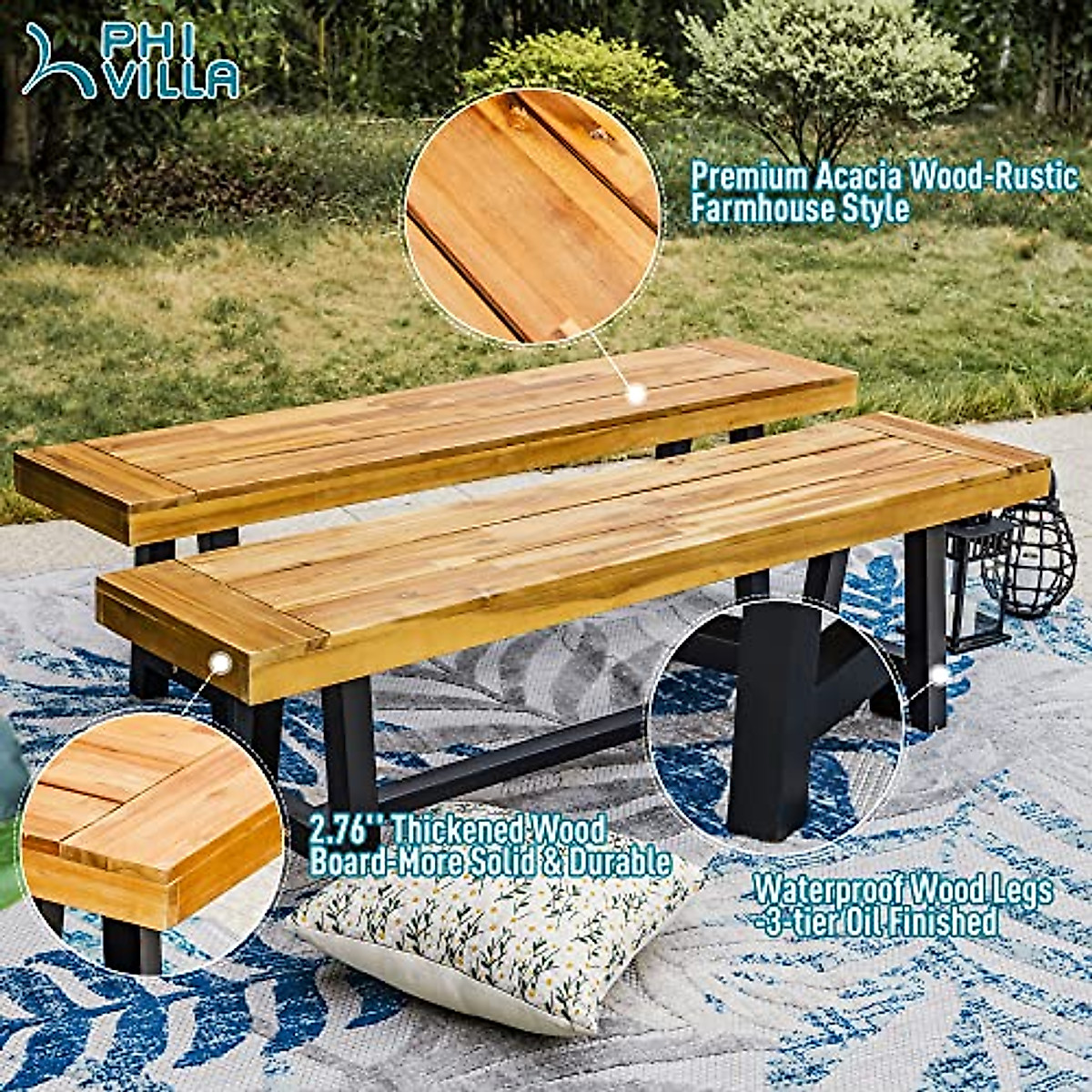 PHI VILLA Outdoor Table Bench Set of 3, 1 Wood Dining Table & 2 Wooden Benches, Premium Acacia Wood Patio Furniture Set for Porch Balcony Deck, Teak Color