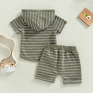 allshope Toddler Baby Boys Summer Outfits Stripes Short Sleeve Hooded Sweatshirt and Casual Elastic Drawstring Shorts Clothes Set