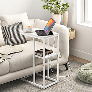 Yoobure C Shaped End Table with Charging Station, Small Side Tables for Living Room Bedroom, Sofa Table with USB Ports and Outlets for Small Spaces, Couch Table Rustic Snack Table Bed Side Table