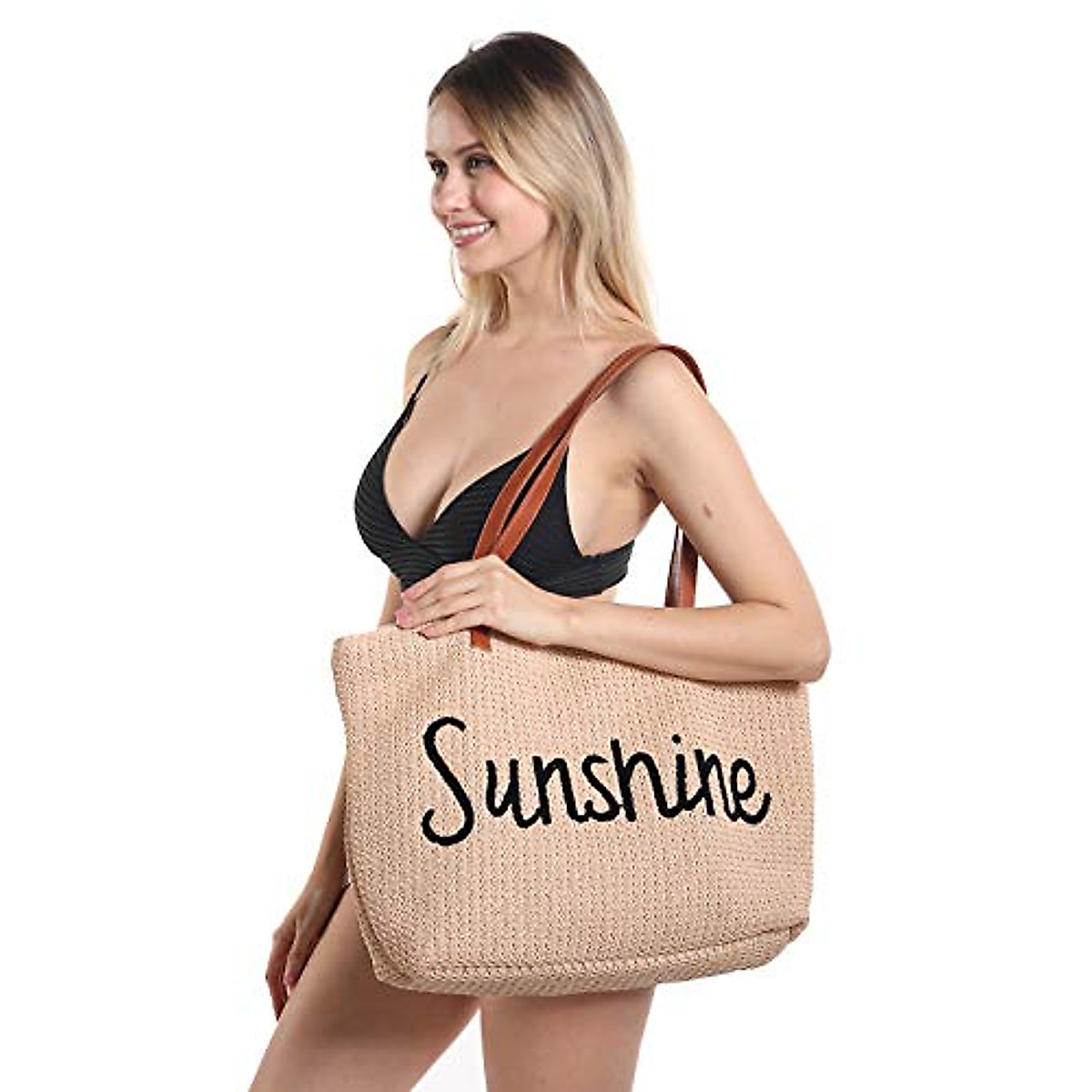 Women Beach Tote Summer Purse Handbag Utility Bag Zipper, Beige Cute Xl Large Woven Straw for Travel, Mom Female Sister Wife Girlfriend…