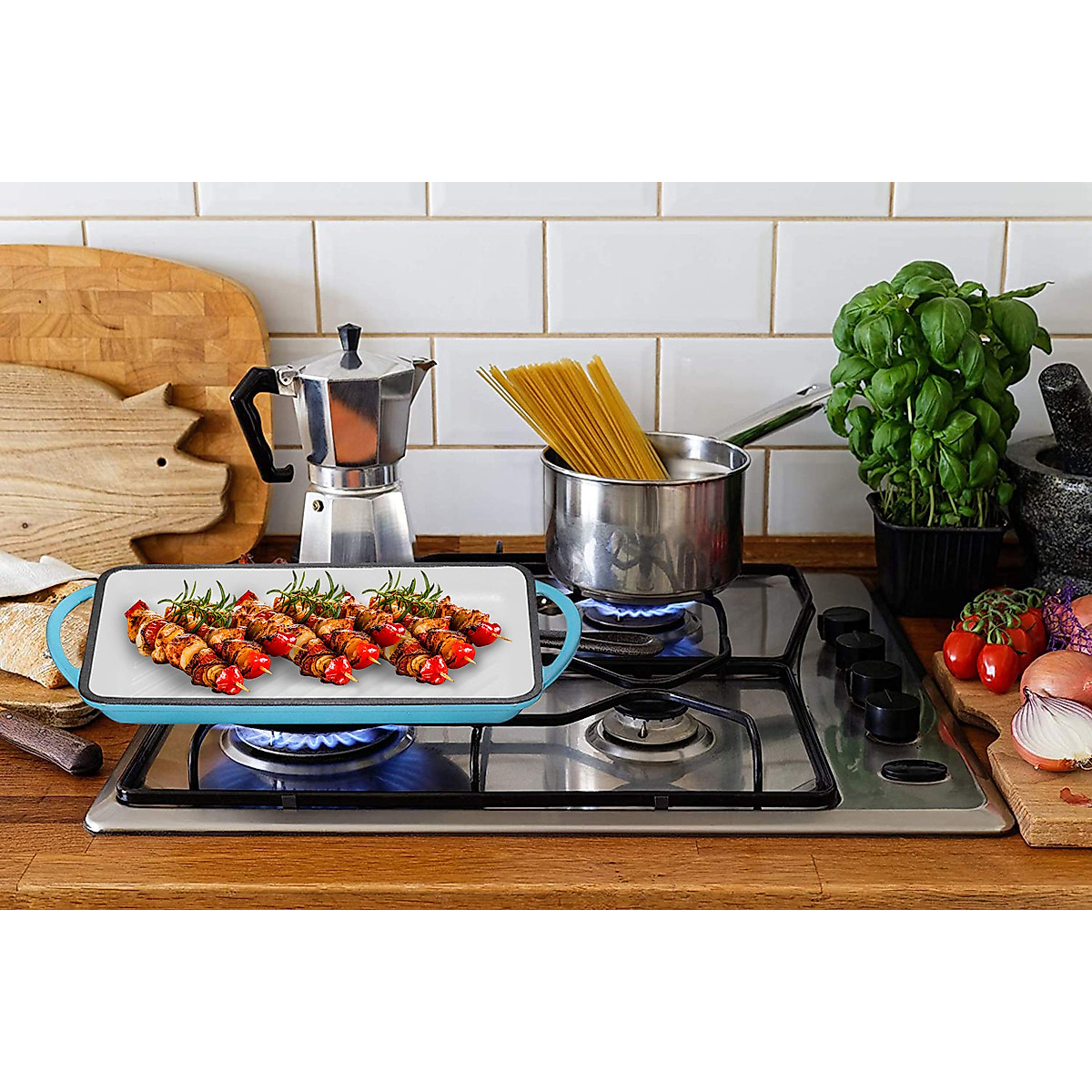 Enameled Cast-Iron Rectangular Grill Pan with Ridges, Oven Safe, Non-Stick Coating, Loop Handles, 9.5" x 13.5", Enameled Blue