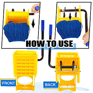 Sunnychicc Side Press Wringer Replacement for Commercial Mop Bucket 26 and 33 Qt, with 2 Pcs Mop Head Replacement, Yellow Mop Wringer with Handle for Easy Use, Blue Mop Head Refill for Cleaning Floor