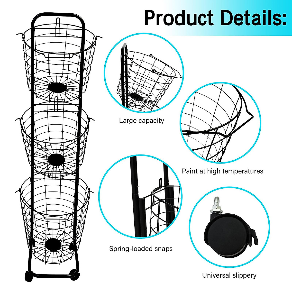 BAOKALER Removable 3 Tier Metal Rolling Laundry Basket Cart,Large Capacity Wire Basket Laundry Hamper with Wheels, Laundry Butler for Bathroom Bedroom Laundry Room