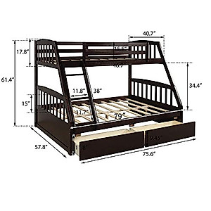 Solid Wood Twin Over Full Bunk Bed with Two Storage Drawers (Espresso)