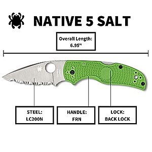 Spyderco Native 5 Salt Folding Pocket Knife with 2.95 Inch Corrosion-Resistant LC200N Steel Blade and Green FRN Handle - SpyderEdge - C41SGR5