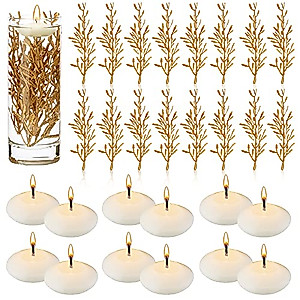 32 Pieces Faux Flowers for Floating Candles, 12 Unscented Floating Candles for Centerpieces, 6 Inch Flower Filler Vase Fillers Filling in Floating Candles for Wedding Dinning Table (Gold)