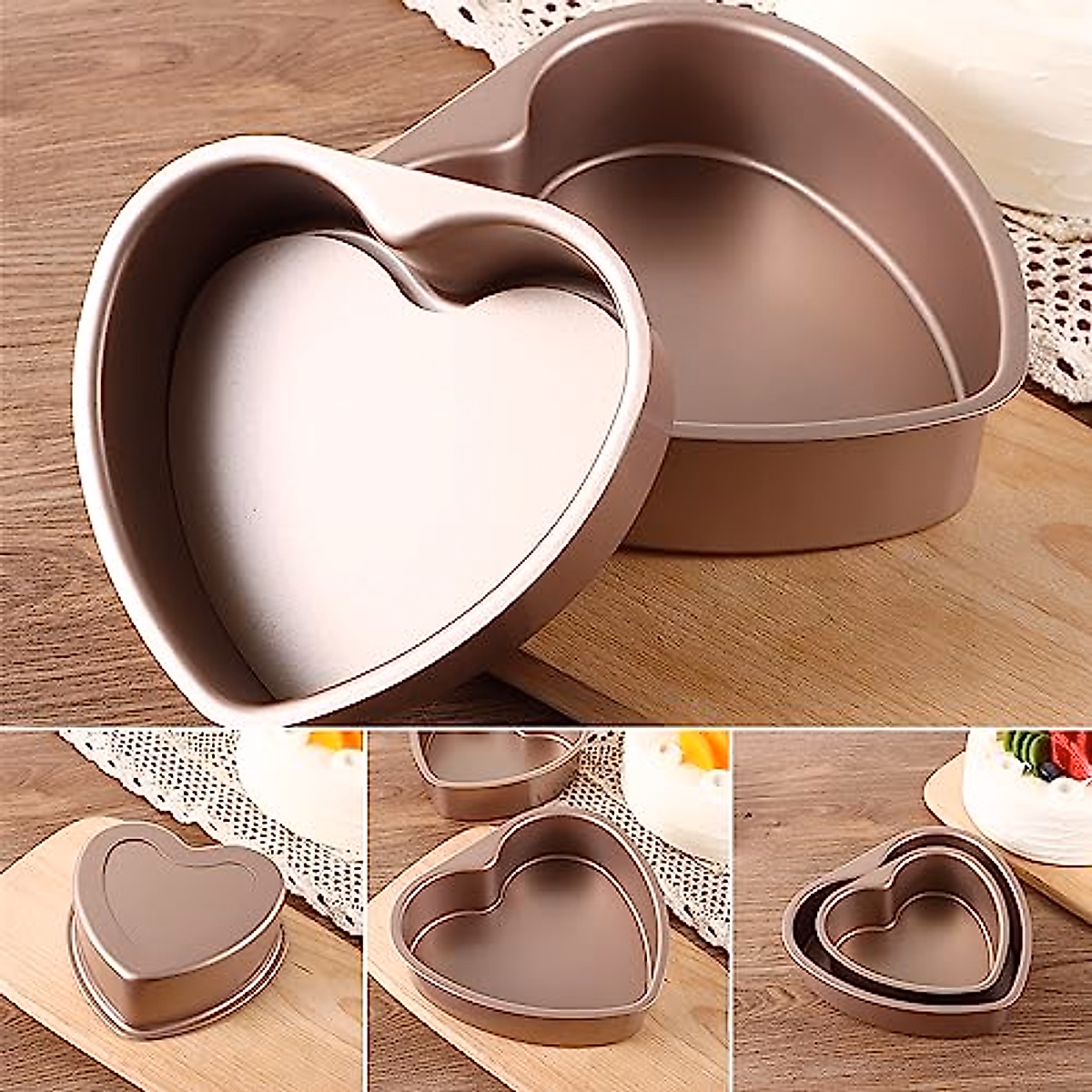 beyonday 2pcs Heart Shaped Cake Pan with Removable Bottom, 6+8 inch Carbon Steel Cake Tray for Wedding Birthday Anniversary, Kitchen Baking Bread Cheesecake Non-stick Cake Mold (Gold)