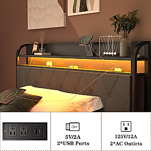 Ptsyz Bed Frame Full Size with Charging Station and LED Lights,Upholstered Headboard with Storage Shelves（Dark Grey），Noise Free，Easy Assembly，No Box Spring Needed，Sturdy and Durable.